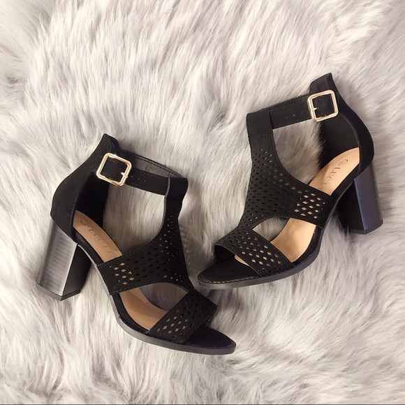 Shoes | Black Heel Open Toe Perforated Block He | Poshmark
